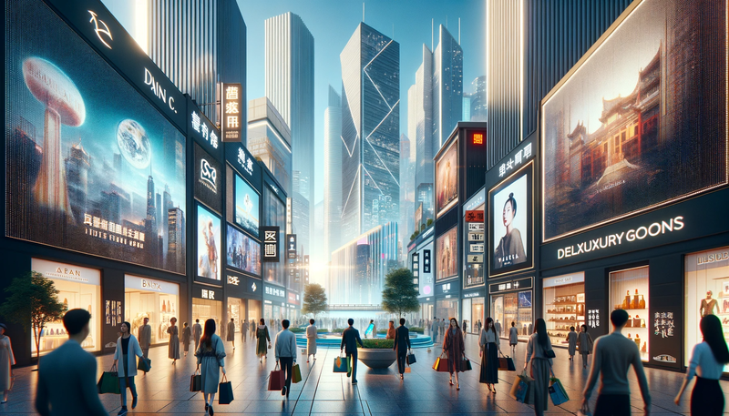 A futuristic cityscape in 2030, showcasing a bustling luxury shopping ...